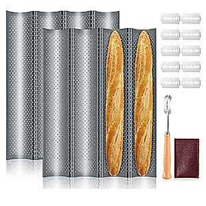Norme 2 Pieces Nonstick Baguette Pan 4 Loaves Perforated French Bread Pan Bread Knife Bread Lame Dough Scoring Tool with 10 Blades and Leather Cover for Kitchen Bakery Baker's Tray Oven Toaster Tool