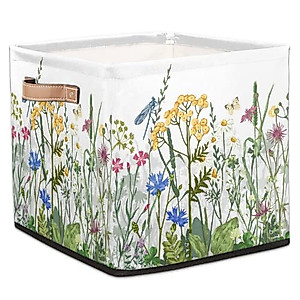 Storage Basket Dragonfly Spring Flower Butterfly Plant Collapsible Storage Bin with Handles Large Canvas Storage Cubes Toy Basket for Shelves Closet Nursery Cabinet Living Room Organizer 13x13x13"