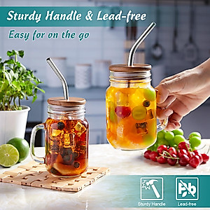 DRASTAR Mason Jar Cups with Lids and Straws, 16oz Mason Jar with Handle, Glass Cups with Acacia Wood Lids, Mason Jar Drinking Glasses Cups Set of 2