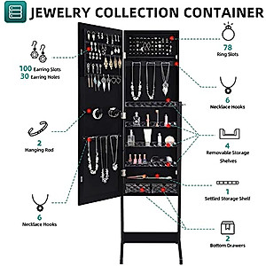 YITAHOME 2 in 1 Jewelry Cabinet with Full Length Mirror, Standing Large Capacity Jewelry Armoire Organizer with 2 Drawers, 3 Angle Adjustable,Black