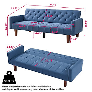 mikibama Tufted Linen Futon Sofa Couch Bed for Living Room Convertible Fabric Blue Upholstered Sleeper Futon Guest Bed Twin Size with Solid Wood Legs for Small Spaces
