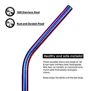 8 Stainless Steel Straws Rainbow - 4 Bent & 4 Straight 6mm Straws with 2 Cleaning Brushes - Non-Toxic & BPA Free Reusable Straws for Everyday Use