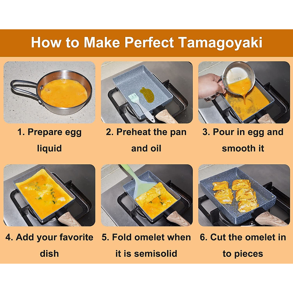 BaronCara Tamagoyaki Pan with Spatula and Brush, Egg Pan, Japanese Nonstick Omelette Pan, Rectangle Tamago Pan, Small Frying Pan, 7.5" x 5.5", Grey