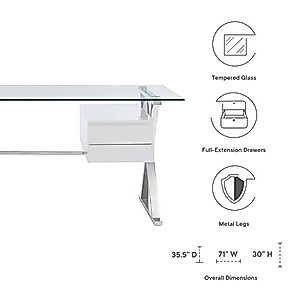 Modway EEI-6226-WHI Sector 71" Glass Top Glass Office Desk, White