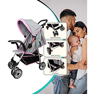 AmorosO Single Stroller - Baby Stroller with Four Wheels - Lightweight Stroller - Convertible Stroller with Extra Storage Space - Foldable Stroller with Sun Protection Hood Cover (Pink/Grey)