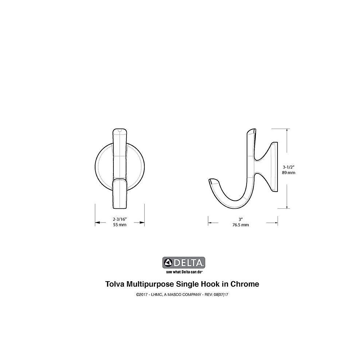 Delta Tolva Multi-Purpose Single Robe Hook in Polished Chrome