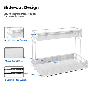 Lxmons 2-Tier Under Sink Slide Out Organizer, Pull Out Cabinet Storage Shelf with Sliding Storage Wire Basket Drawer for Bathroom Kitchen, Countertop or Pantry Storage Shelf, White