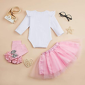Baby Girl My 1st Birthday Outfit Long Sleeve Letter Print Romper + Tutu Skirt Leg Warmers with Headband 4pcs Clothes Set (Pink A, 12-18 Months)