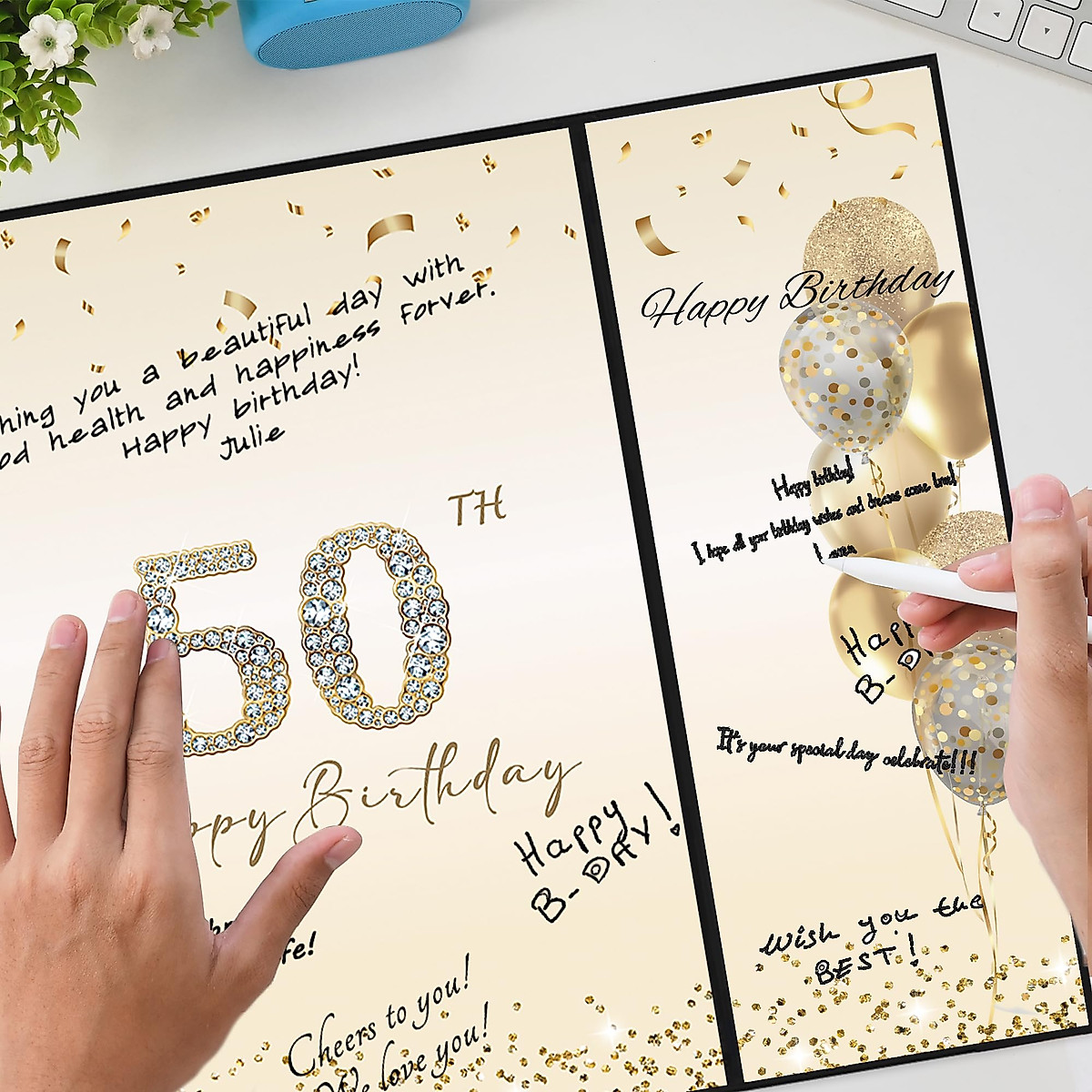 DARUNAXY Black Gold 50th Birthday Party Decorations, Happy 50th Birthday Alternative Signature Guest Book for Men Women Cheers to 50 Years Old Gifts 50 Birthday Signing Card Board Party Supplies