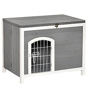 PawHut Foldable Wooden Dog House Raised Puppy Cage Kennel Cat Shelter for Indoor & Outdoor w/Lockable Door Openable Roof Removable Bottom for Small and Medium Pets Grey