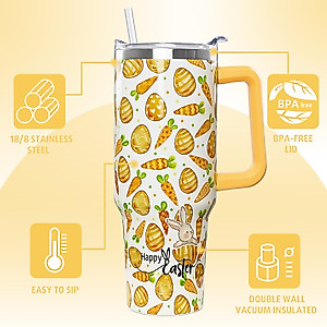 Nqhsionv Easter Tumbler with Handle 40 oz Easter Bunny Carrot Coffee Travel Mug Stainless Steel Rabbit Insulated Cup Happy Easter Decor Gifts