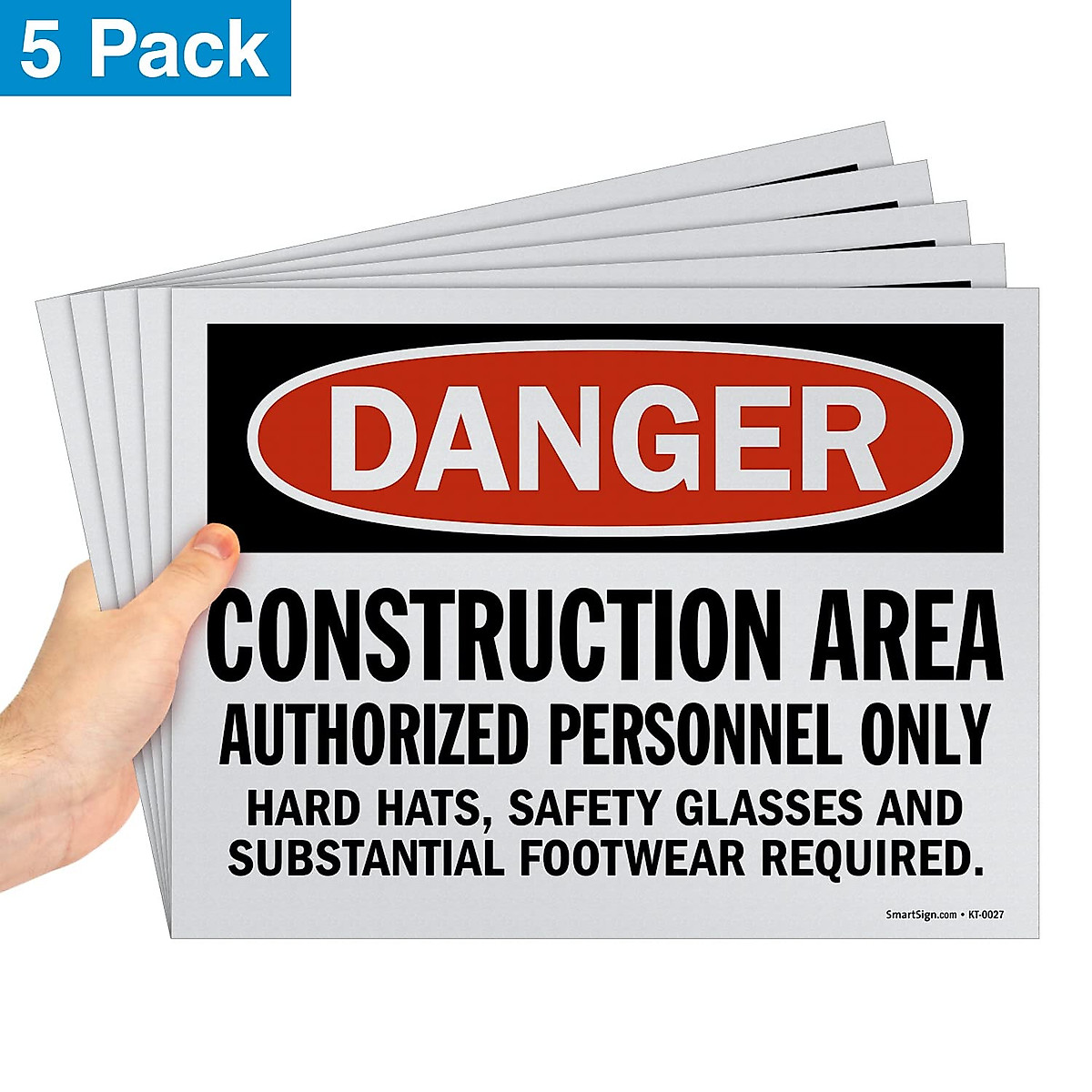 SmartSign 5-Pack 9" x 12" 'Construction Area, Authorized Personnel Only, Hard Hats/Safety Glasses Required' OSHA Signs, Screen Printed, 10 mil Polystyrene Plastic, Red/Black/White, USA-Made