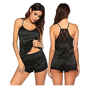 Ekouaer Lingerie for Women Soft Womens Lingerie Sleepwear Satin Pajamas Cami Set Lace Silk Nightwear Short Set,Black Medium