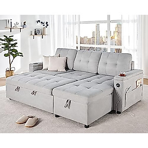 VanAcc Sleeper Sofa, Modern Tufted Convertible Sofa Bed, USB Charging Ports & Cup Holders, L Shaped Sofa Couch with Storage Chaise, Chenille Couches for Living Room (Light Grey)
