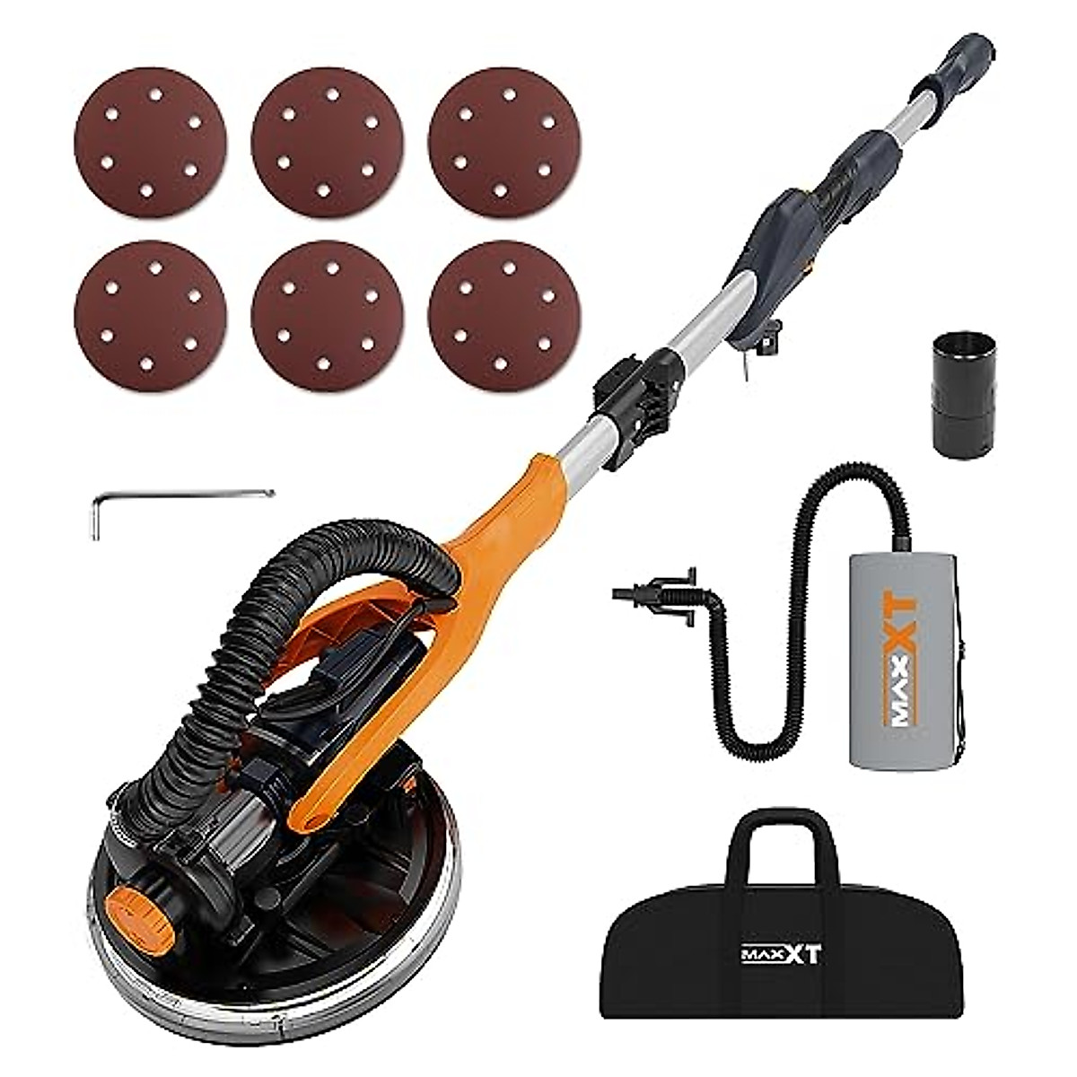 MAXXT Drywall Sander Electric Foldable Wall Sander REAL self-priming system LED light telescopic handle variable speed 6.5A motor six 9-inch sanding discs dust bag