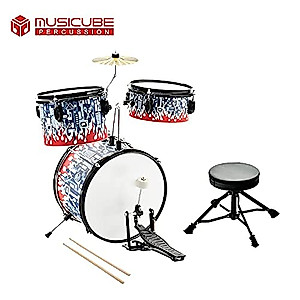 MUSICUBE Junior Drum Set, Kids Drum Set 10 inch 3-Piece with Adjustable Throne, Cymbal, Pedal & Hardwood Drumsticks, Fire Flower Painted Model