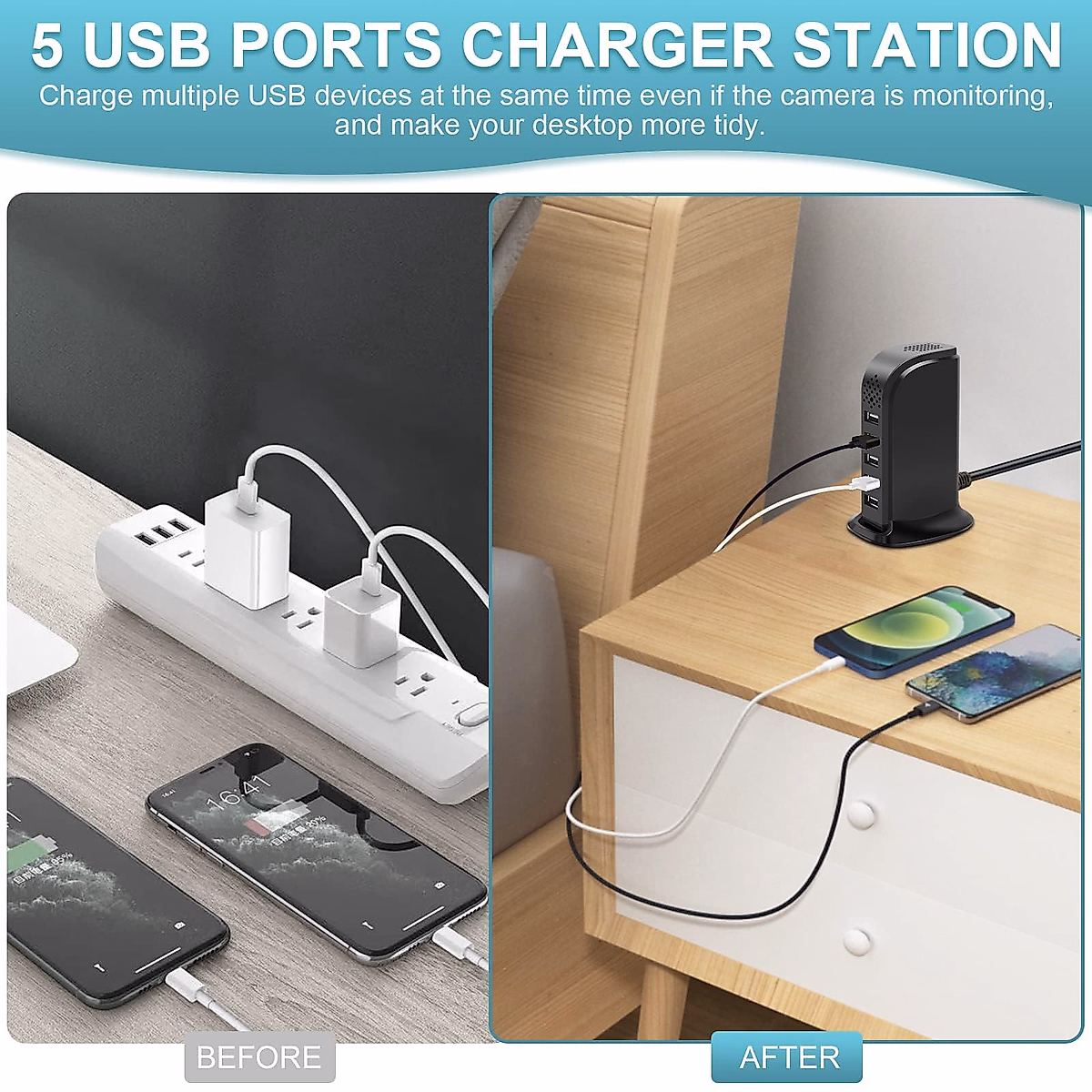 Hidden Camera WiFi USB Charger Spy Camera 5-Port Phone Charger Camera Wireless 1080P HD Security Cameras with Motion Detection, APP Control for Home/Office Surveillance, No Audio