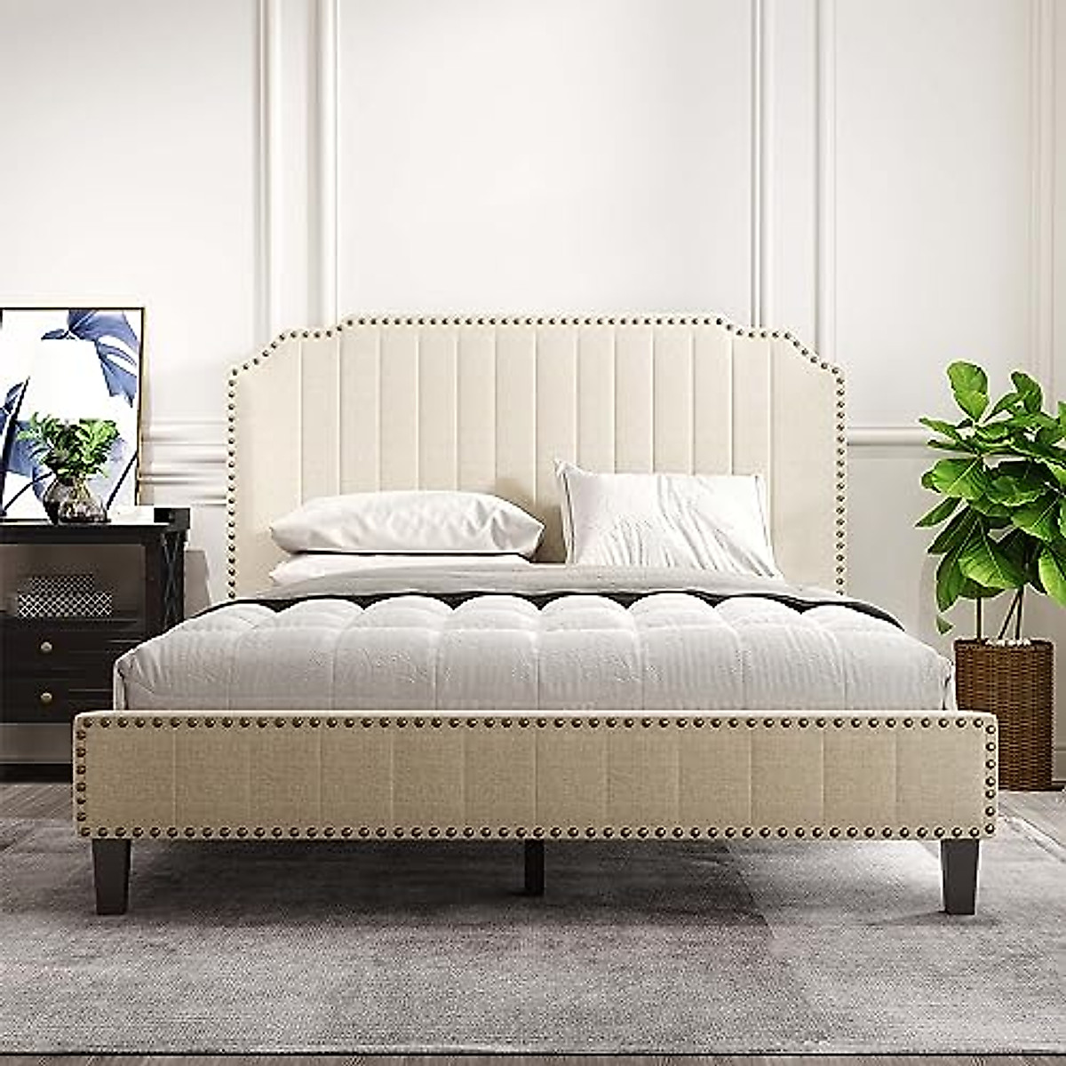Queen Size Linen Upholstered Platform Bed Frame with Soft Nailhead Headboard and Wooden Slats Support, No Box Spring Needed for Boys Girls Teens Adults, Noise-Free, Under Bed Storage (Queen)