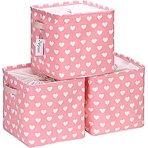 Hinwo 3-Pack Cubic Organizer Shelf Bins, Canvas Fabric Storage Baskets with Handles, 22L/5.8-Gal Square Storage Bins, Cubes, Collapsible Storage Box, 11 x 11 x 11 Inches (S, Pink Heart)