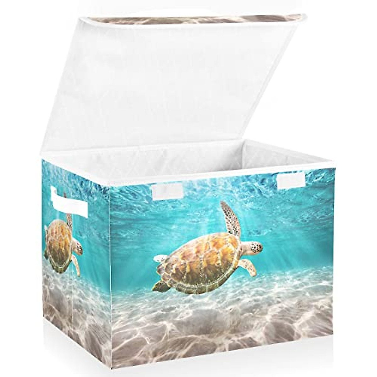 Kigai Storage Basket Underwater Sea Turtle Storage Boxes with Lids and Handle, Large Storage Cube Bin Collapsible for Shelves Closet Bedroom Living Room, 16.5x12.6x11.8 In