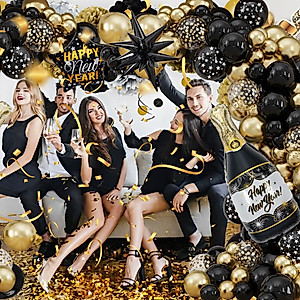 Happy New Year Party Decorations - 130pcs Black and Glod Balloon Garlands Arch Kit, Large Bottle Foil Balloon 2024 New Years Eve Party Background Anniversary Graduation Home Supplies (Black Gold)
