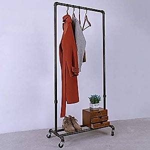 MBQQ Industrial Pipe Clothing Racks on Wheels,28in Length Heavy Duty Garment Racks Commercial Grade,Vintage Rolling Ballet Rack Clothes Display Rack Retail Display,Black Brush Silver