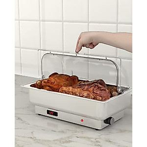 RIEDHOFF 9QT Electric Chafing Dish Set with Temperature Control, Roll Top Stainless Steel Full-size Chafer with Transparent Lid for Catering and Food Servers