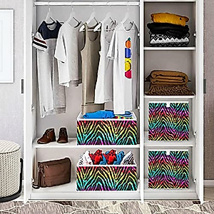 Rainbow Zebra Print Storage Basket Storage Bin Rectangular Collapsible Nursery Baskets Foldable Fabric Cube Organizer for Makeup Closet Bathroom Bedroom