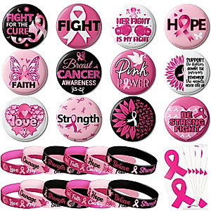 98Pcs Breast Cancer Awareness Accessories, Breast Cancer Awareness Decorations With 24Pcs Pink Ribbon Breast Cancer Buttons, 24Pcs Breast Cancer Bracelets and 50Pcs Pink Breast Cancer Stickers