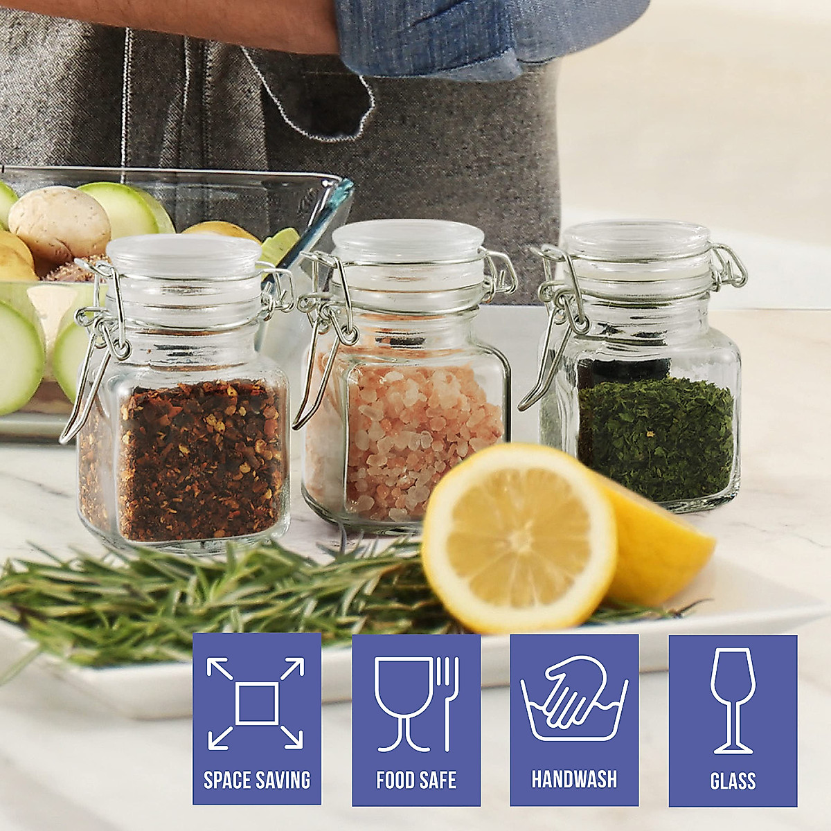 Oak & Steel 12 Pack 3.4oz Small Airtight Glass Spice Jars with Lids & Clip Top, 24 Labels & Chalk Pen - Square Bottles, Herb Jars, Mason Jars, Seasoning Containers