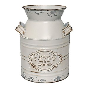 PHILPETY Shabby Chic Classy Designed White Milk Can Galvanized Finish Metal Vase Country Rustic Primitive Decorative Flower Holder, 7.5" H