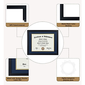 ELSKER&HOME 8.5x11 Certificate Frame with Blue Mat- Classic Black Color Frame - Displays Diploma 8.5x11 Inch with Mat - 11x14 Inch Without Mat - For Document/Photo(Double Mat Blue with Gold Rim)