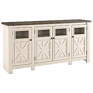 Signature Design by Ashley Bolanburg Two Tone Farmhouse TV Stand, Fits TVs up to 72", 3 Cabinets and Adjustable Storage Shelves, Whitewash
