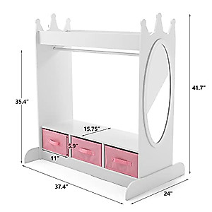 Kids Armoire Dress-Up Storage w/Mirror and Drawers,Dress up Closet,Costume Dress up Wardrobe,Pretend Storage Closet for Kids w/Side Pocket Top Shelf Shoes Storage for Bedroom Girls Room, White