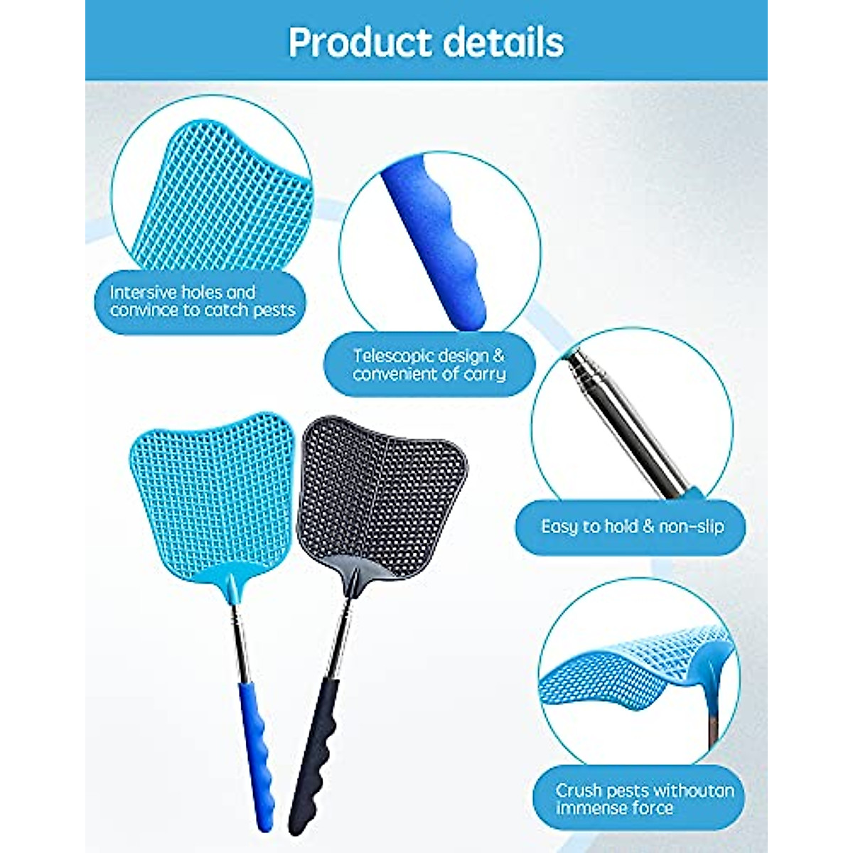 CUNCUI Fly Swatters Heavy Duty Set, with Durable Telescopic Stainless Steel Extendable Handles, for Home, Classroom and Office, 2Pcs, 2 Colors