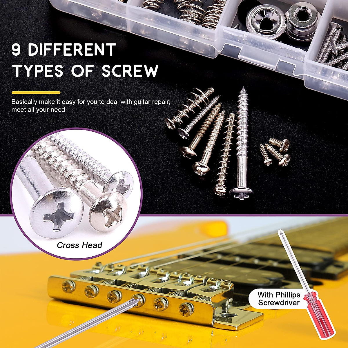Swpeet 263Pcs Electric Guitar Screw Kit (9 Types) with Springs and Guitar String Winder, Screwdriver,Tweezers,0.75mm Guita Pick for Electric Guitar Bridge