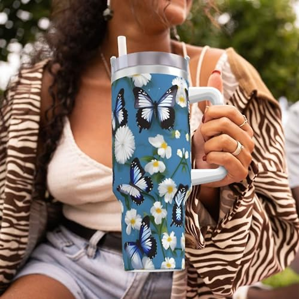 HULIBIN Blue Butterflies White Flowers Print Double Deck Stainless Steel Travel Coffee Cup With Lid 40 Oz Ice Bully Cup