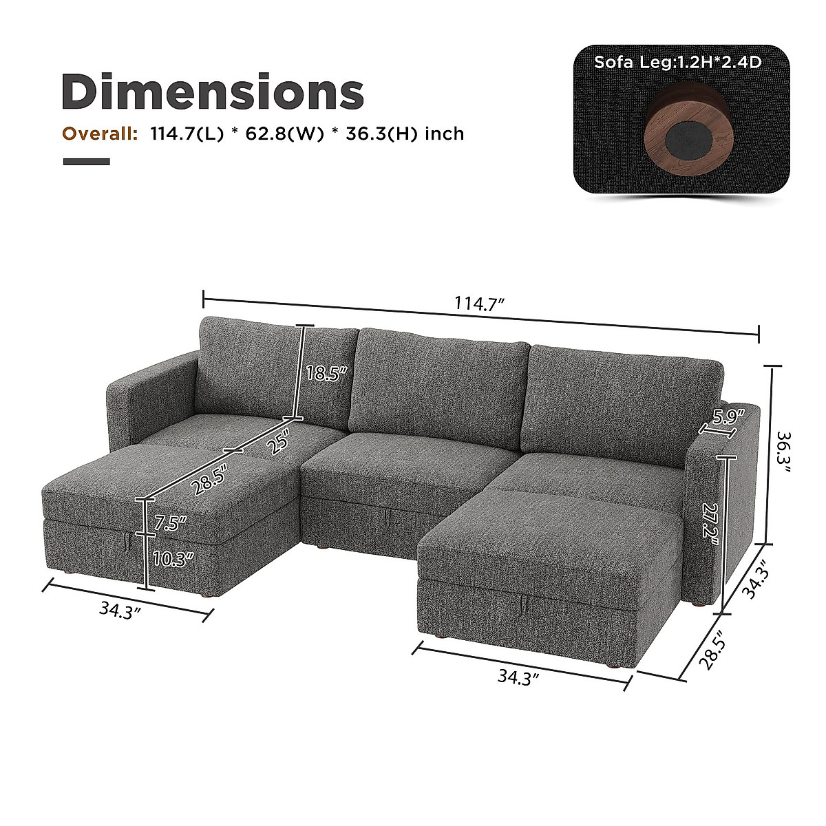 HONBAY Modular Sectional Sofa with Storage, U Shaped Convertable Sectional Couch with Wide Chaise, Deep Seat Modular Sectional Sofa with Ottoman, Dark Grey