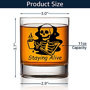 TOUNER Staying Alive Whiskey Glasses, Halloween Skull Whiskey Glass, Funny Birthday Gifts For Men, Funny Gift For Husband Dads Grandpa, Unique Gift For Men, Halloween Christmas Gift For Her Him