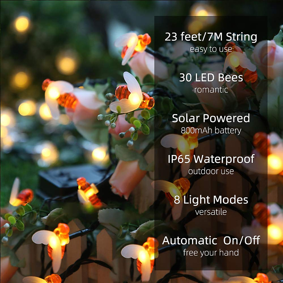 Metaku Solar Lights Outdoor Bee String Lights 23ft 30 LED Honeybee Lights Solar Powered 8 Modes Auto On/Off Christmas Lights Outdoor Waterproof Decorative Fairy Light for Patio Garden Gazebo Balcony