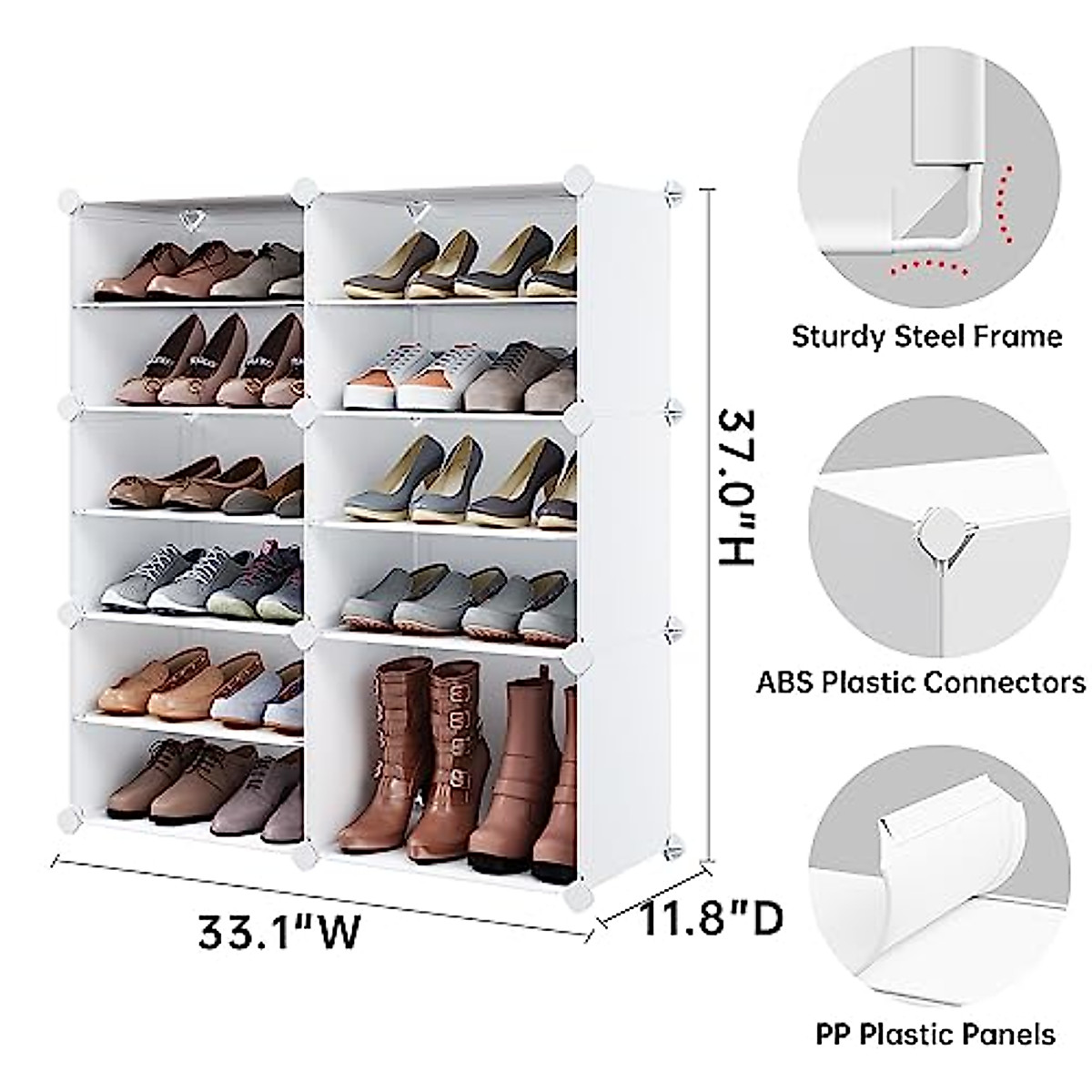 MAGINELS Shoe Rack, 24 Pair Shoe Organizer Cubby, 6 Tier Shoe Storage Cabinet, Plastic Shoe Shelf for Closet, Entryway, Garage, Hallway, Bedroom, White