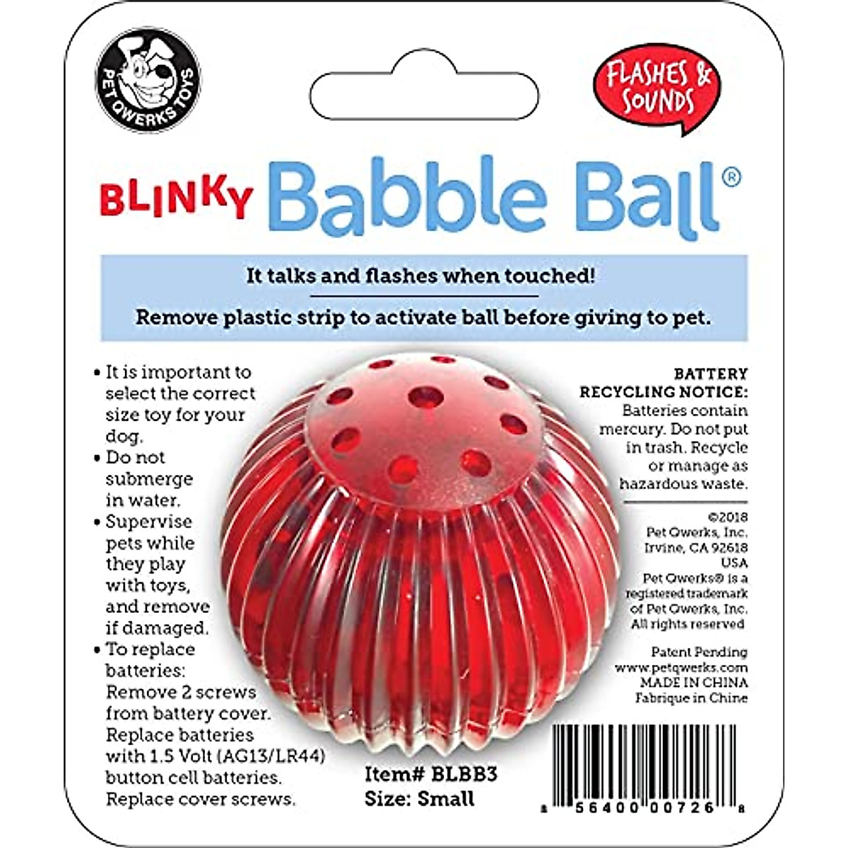 Pet Qwerks Blinky Babble Ball - Flashing Interactive Chew Dog Toy - Small