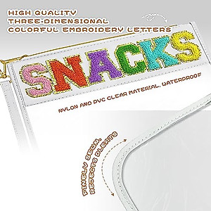 LSxia Chenille Letter Clear Travel Zipper Pouch Nylon Makeup Bag, Preppy Makeup Bag Clear Cosmetic Toiletry Bag, Water-proof Makeup Travel Pouch Snack Bags for Women Girls (White-Snacks)