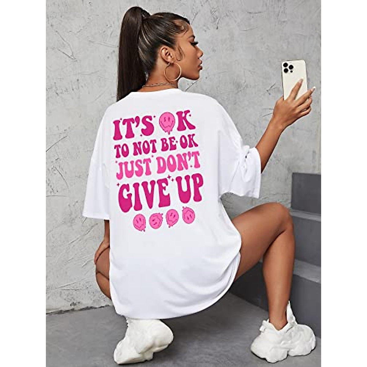 Cozyease Women's Graphic Tees Slogan Print Short Sleeve Round Neck Oversized T Shirt White and Pink XL