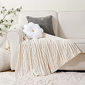 Battilo Cream White Ivory Throw Blanket for Couch, 51x 67 Inch, Woven Chenille Knit Throw Blanket for Chair, Super Soft Warm Decorative Textured Throw Blanket for Bed, Sofa and Living Room.