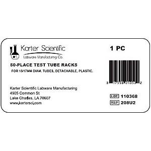 Karter Scientific 208U2 Plastic Test Tube Rack for 15/18 mm Tubes, Holds 50, Detachable (Single)