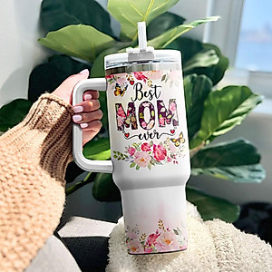 Mom Ugly Children Watercolor Floral, Tumbler 40 Oz With Handle Lid And Straw, Cups Primrose For Yellow Insulated Quartz Heart Handle Simple Modern Rose, Best Mom Ever Gifts