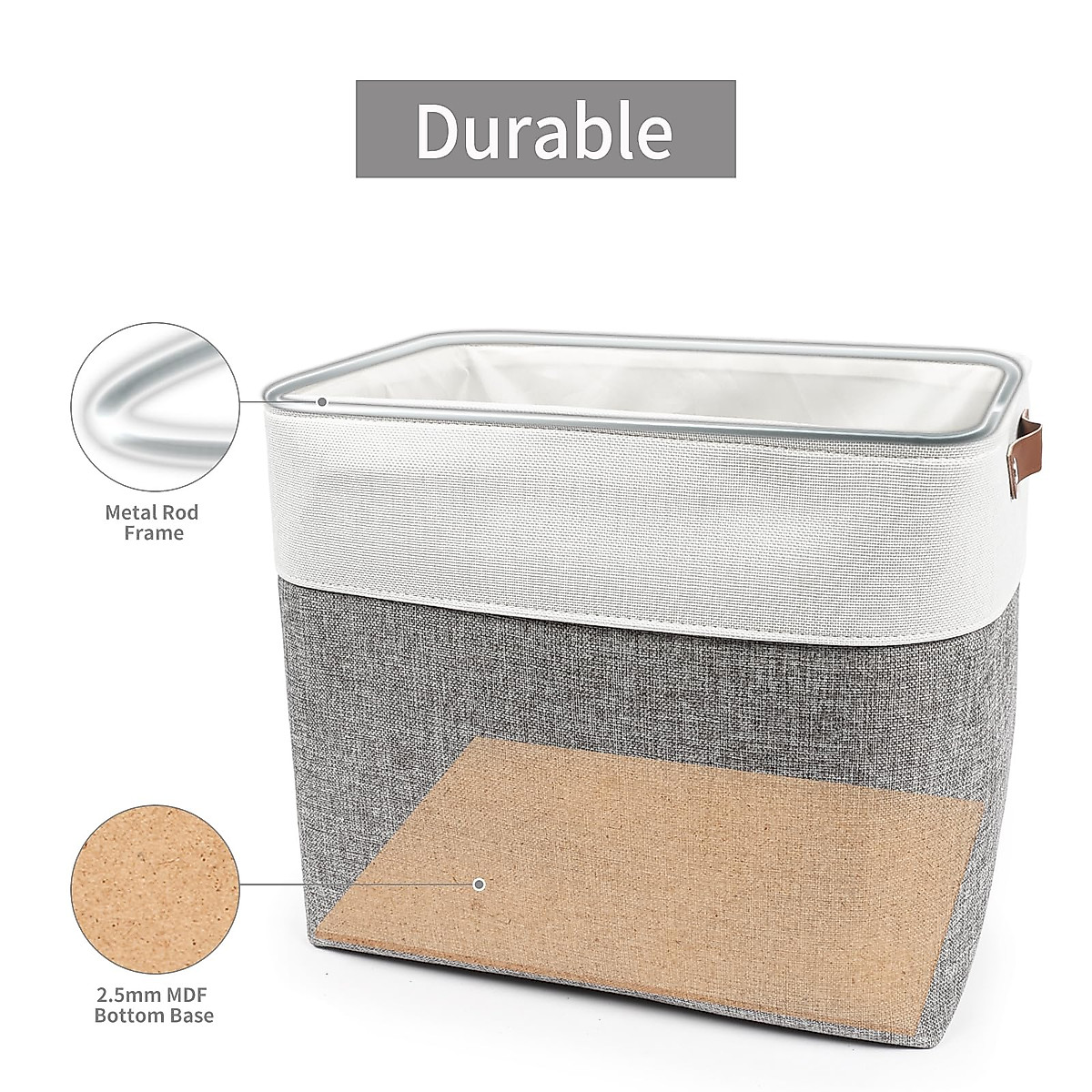 Bagnizer Large Fabric Storage Baskets | 50L Storage Bins, Decorative Linen Closet Baskets with Handles for Organizing, Shelf, Toys, Clothes, Home, Office, Nursery, 17x12x15Inches (Grey&White)