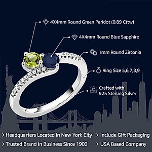 Gem Stone King 925 Sterling Silver Green Peridot and Blue Sapphire Bypass Ring For Women (0.89 Cttw, Gemstone August Birthstone, Round 4MM, Available In Size 5, 6, 7, 8, 9)