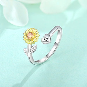 STARCHENIE Sunflower Initial Ring for Women 925 Sterling Silver Letter G Alphabet Adjustable Ring Size 7